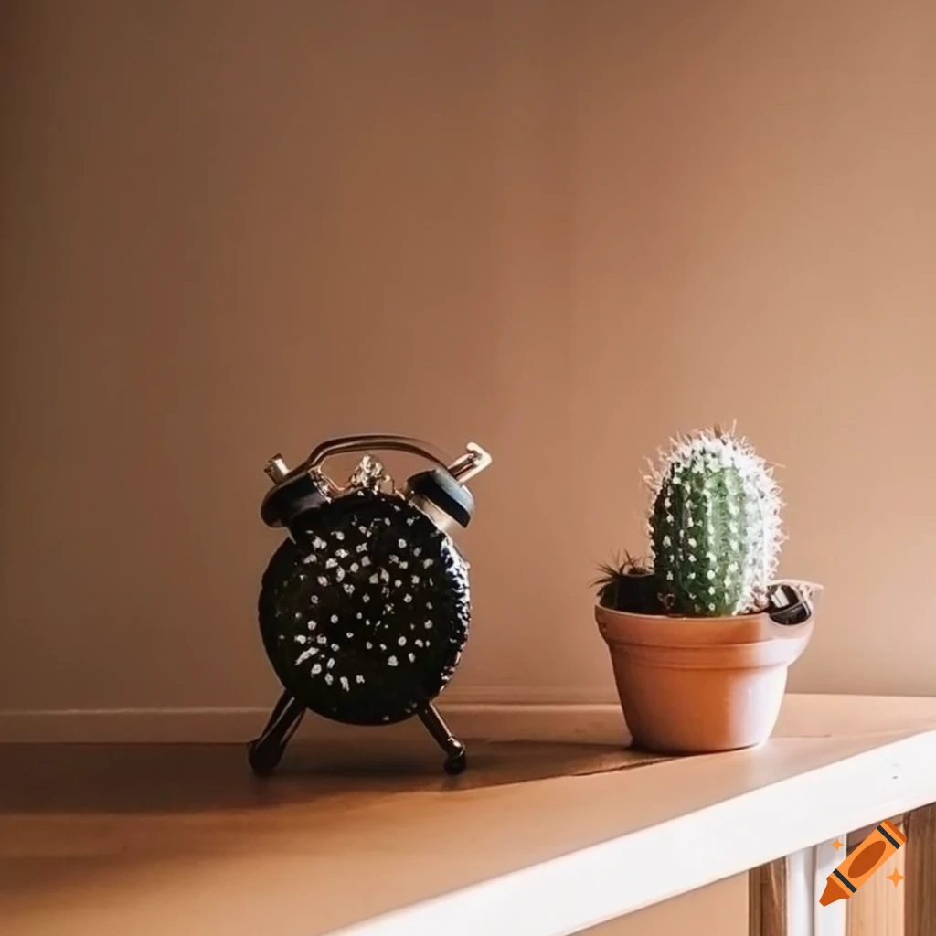 Alarm clock on nightstand next to mini cactus in pastel colors on Craiyon