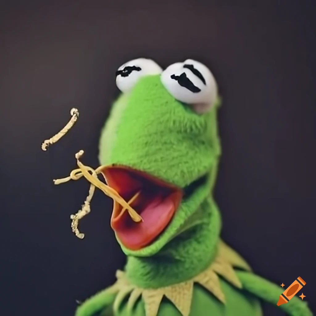 Kermit eating spaghetti noodles on Craiyon