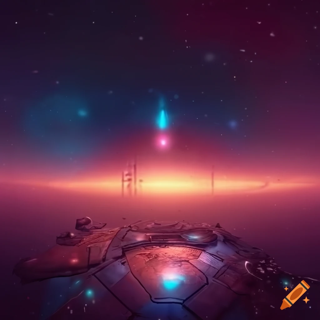 Colorful space ships traveling between planets with neon lights in a ...