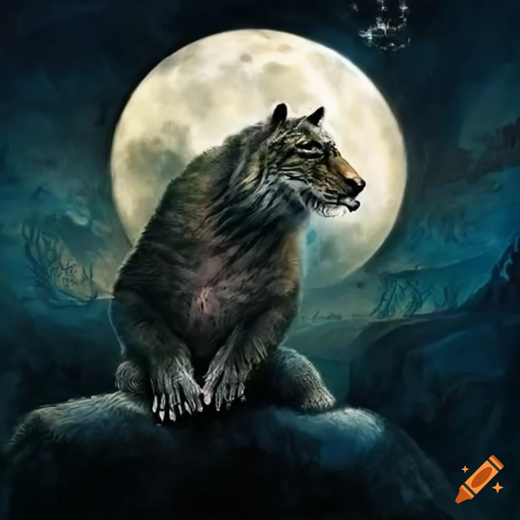 Werewolf-tiger hybrid roaring in a surrealistic tarot card scene on Craiyon