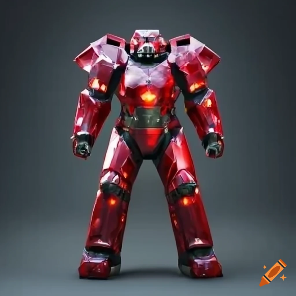 Large power armor made of red crystals with jet pack turbines on Craiyon