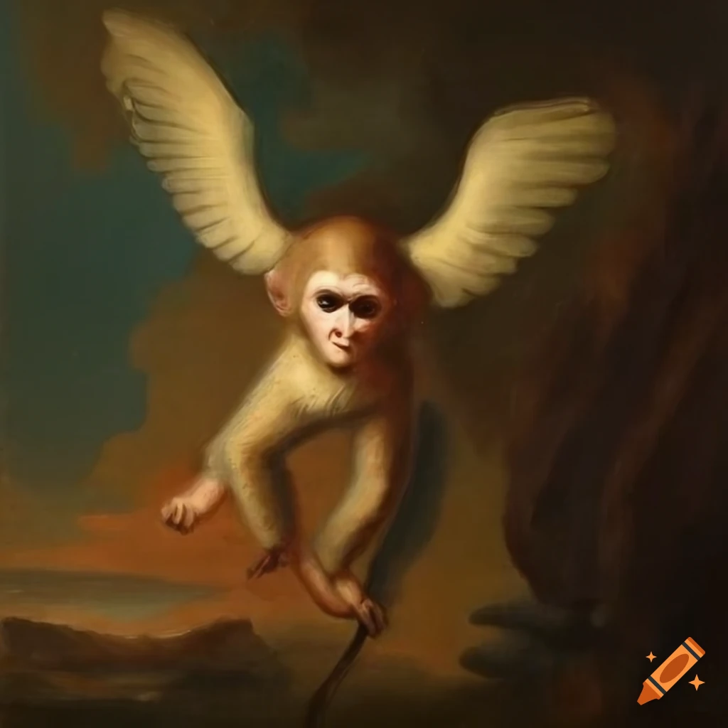 Flying monkey with feathered wings in a 19th-century oil painting on ...