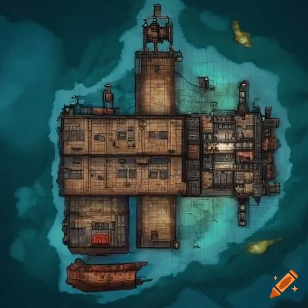 Top-down high-definition RPG battle-map of a ship's cargo hold on Craiyon