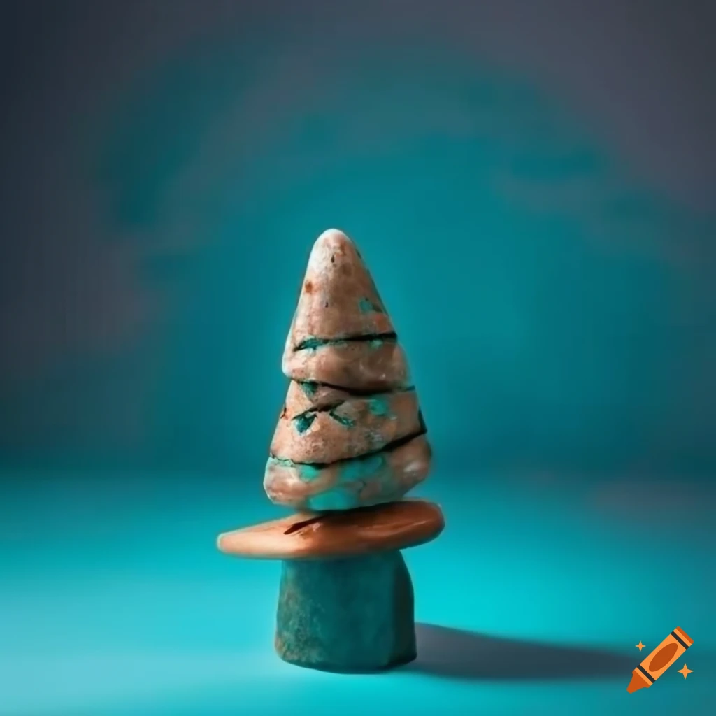 Turquoise stone cone with runes on a metal rod standing on a round ...
