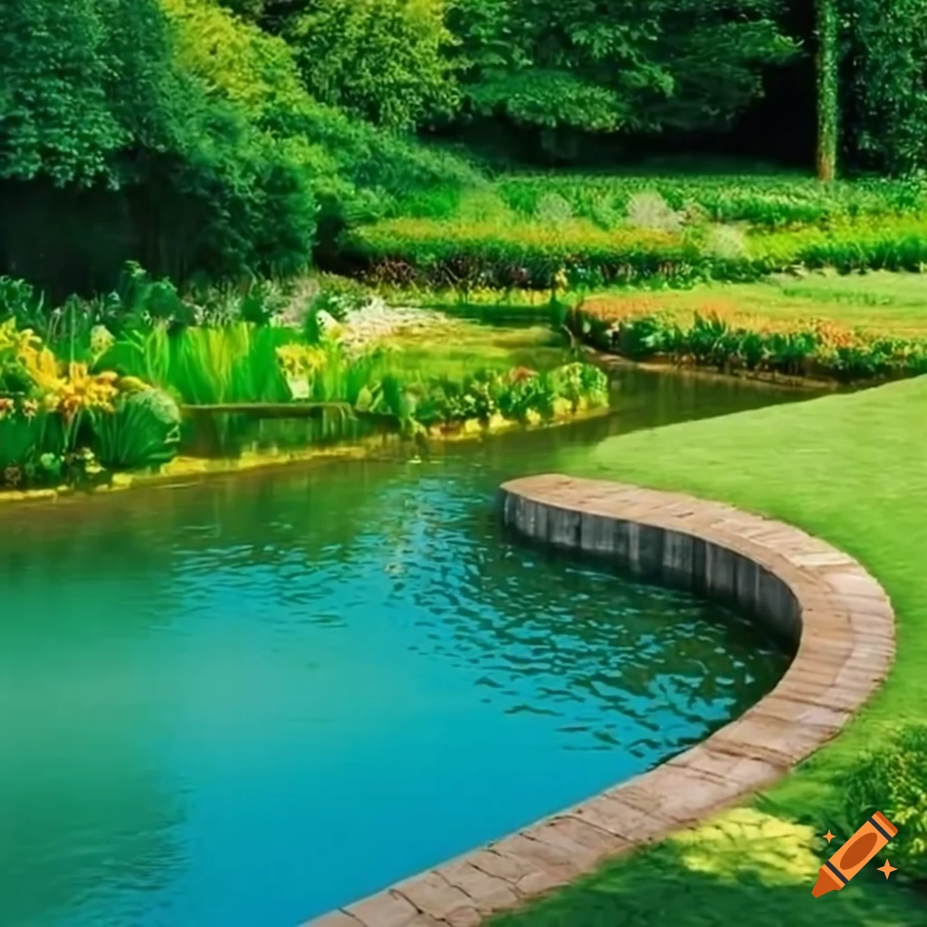 Rectangular garden with circular and curved shapes and natural swimming ...
