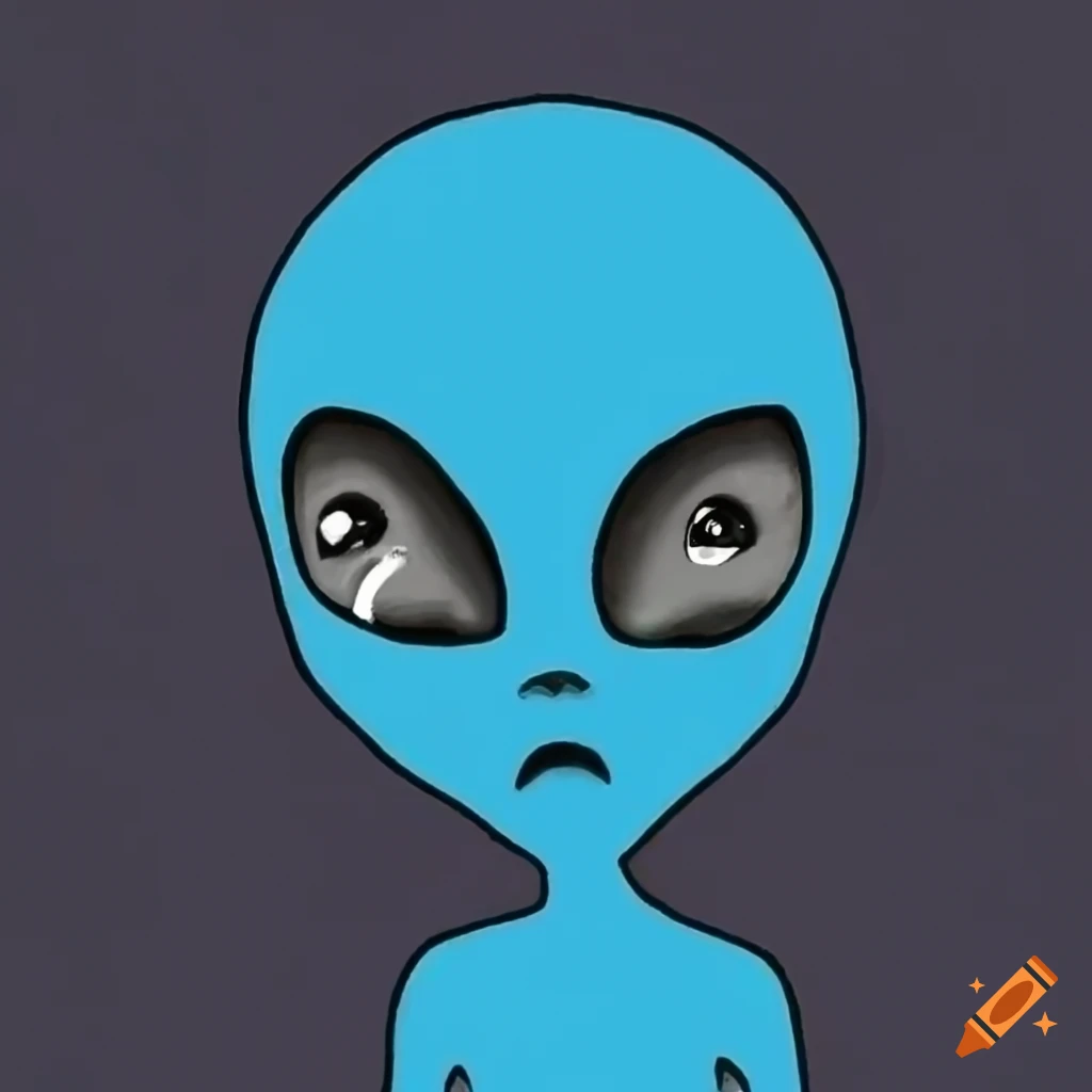 Sad blue alien with black eyes in an 80s cartoon style on Craiyon
