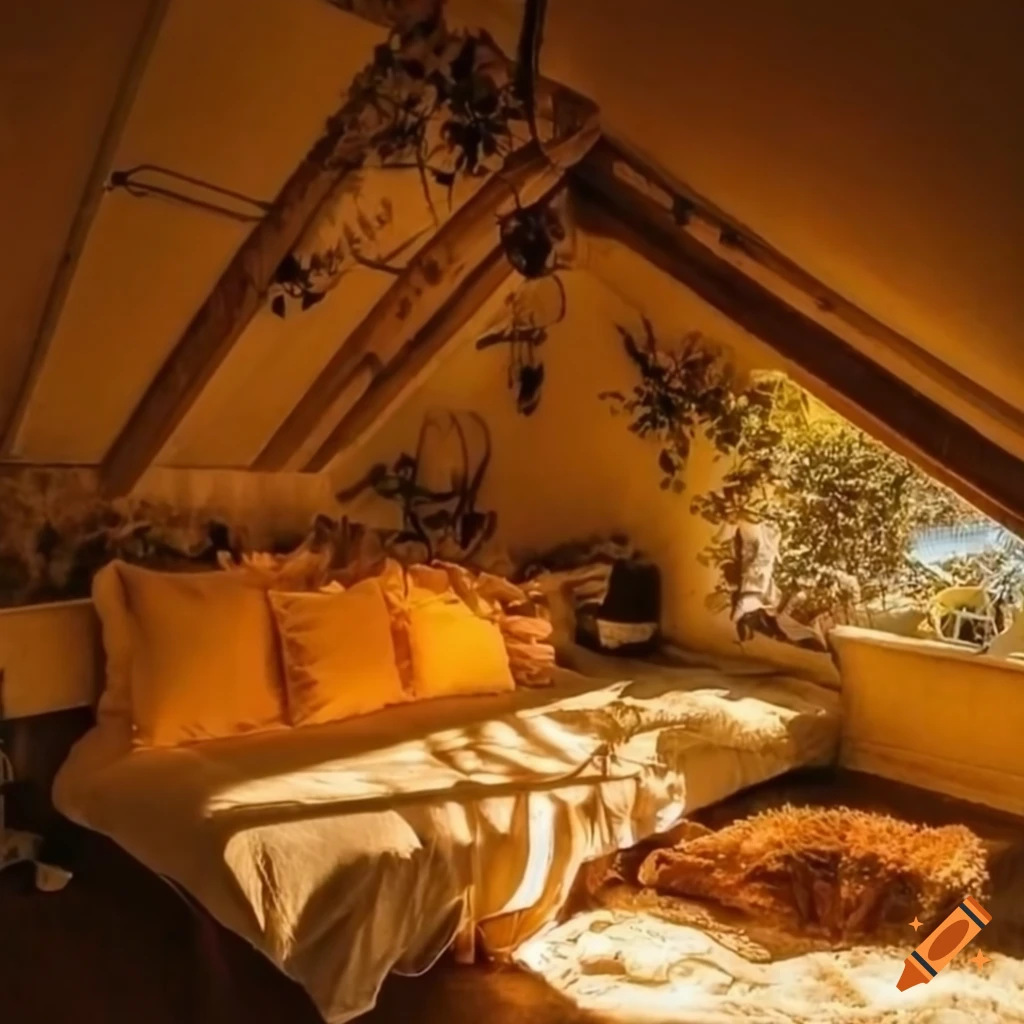 Cozy hobbit bedroom at sunrise with golden lighting and pastel colors ...