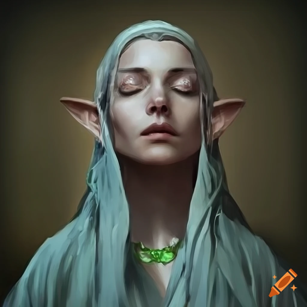 Wise elven priestess meditating with bandaged eyes in flowing robes on ...