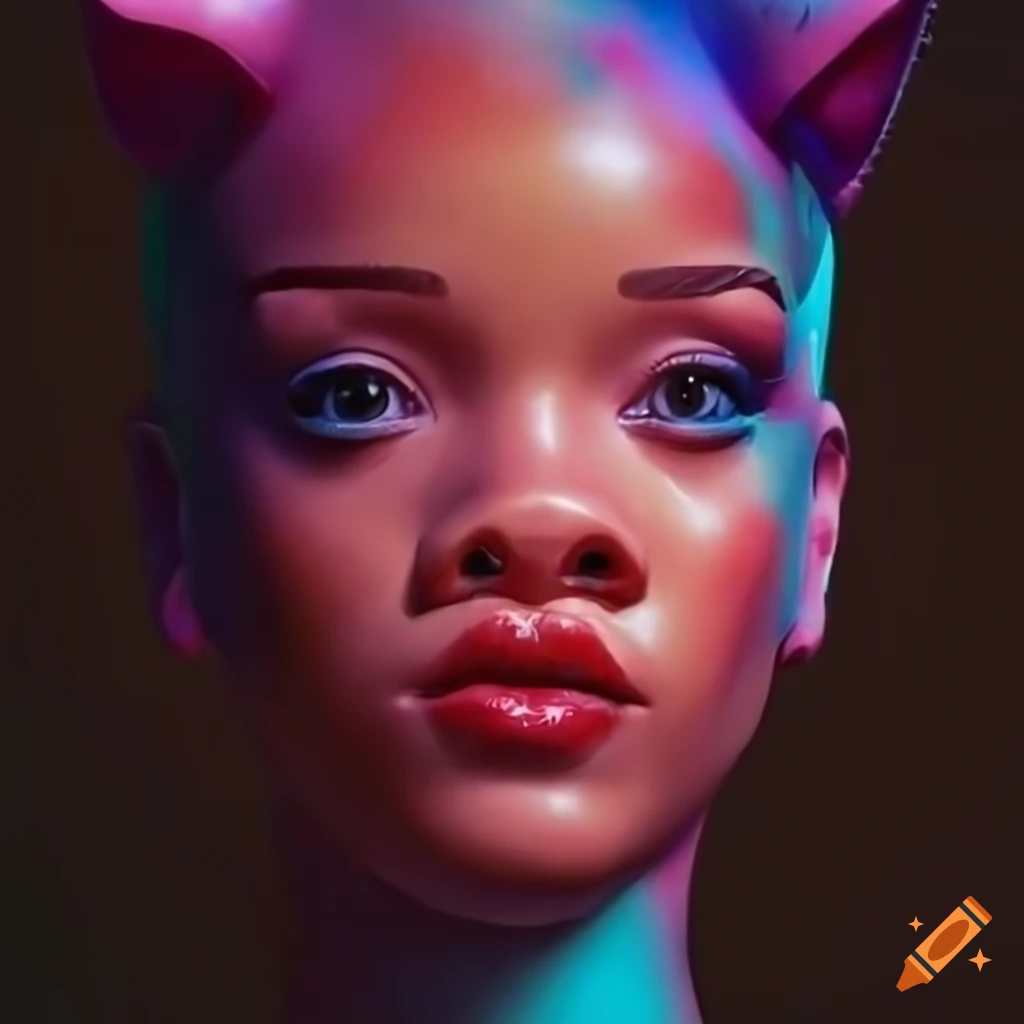 Rihanna's face on a rubber pig doll in a pig pen farm setting on Craiyon