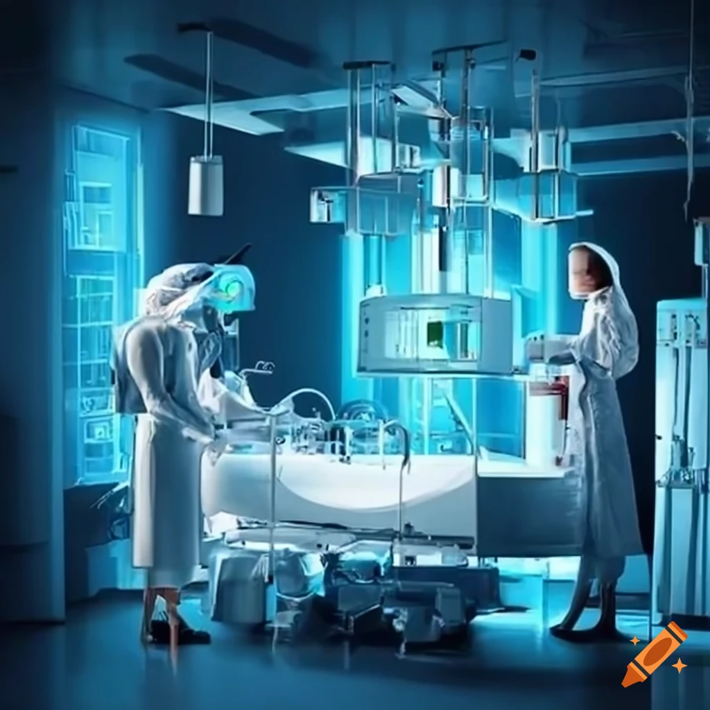 Doctors operating a futuristic medical machine in an ICU setting on Craiyon