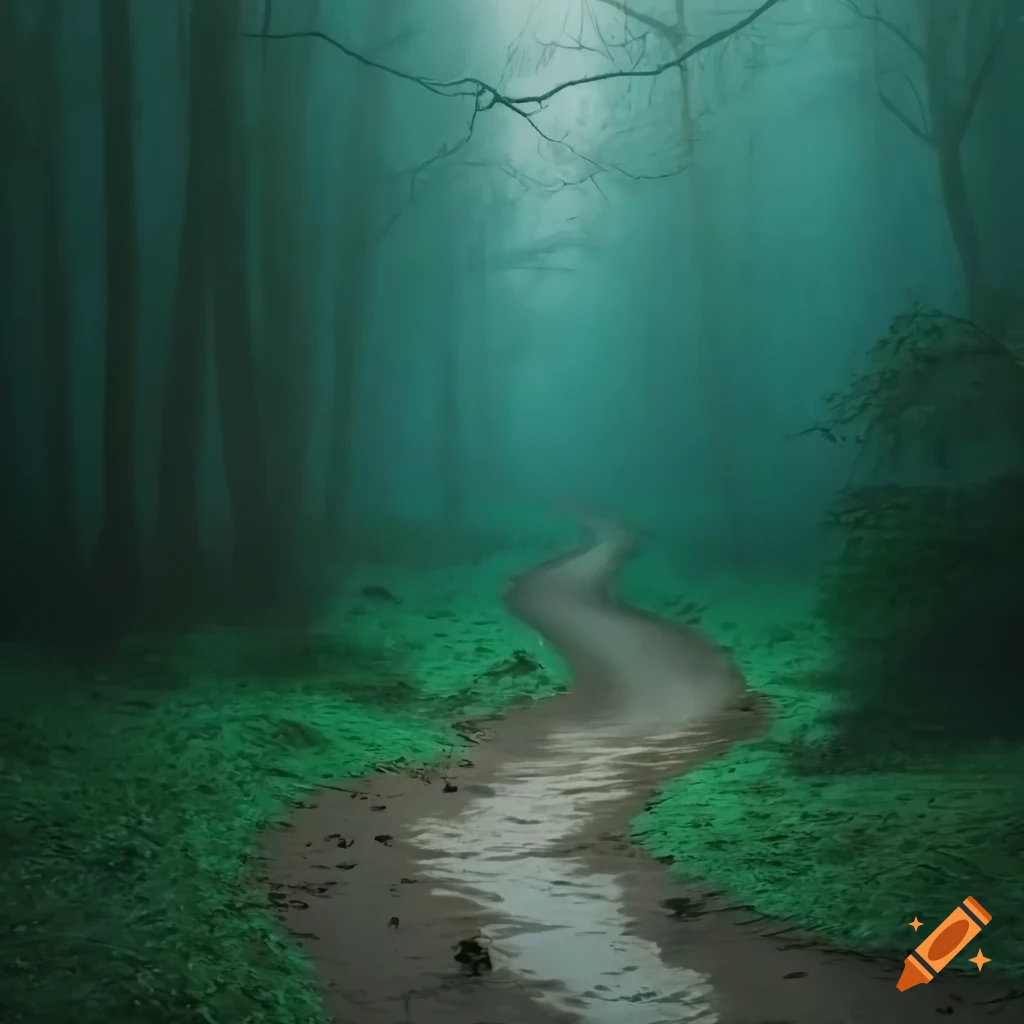 Realistic scene with misty path through a northern forest after rain on Craiyon