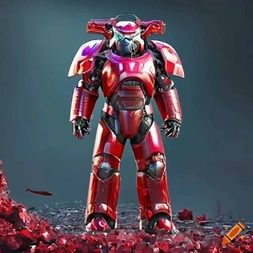 Full body power armor made of red crystals with jet pack turbines on ...