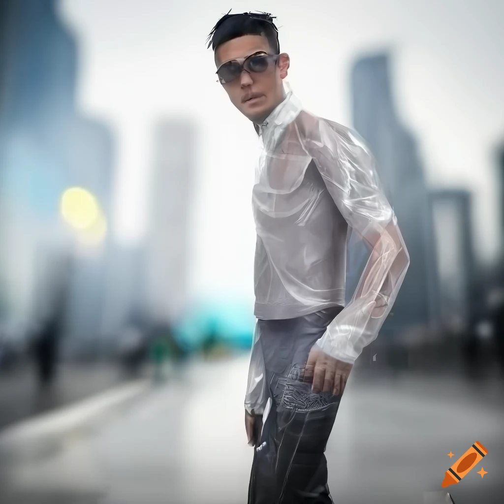 Photorealistic portrait of a young male cyborg in a transparent plastic ...