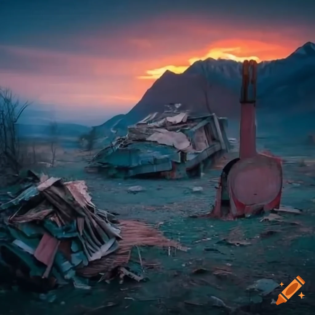 Hauntingly beautiful sunset over a forgotten junk pile in the valley on ...