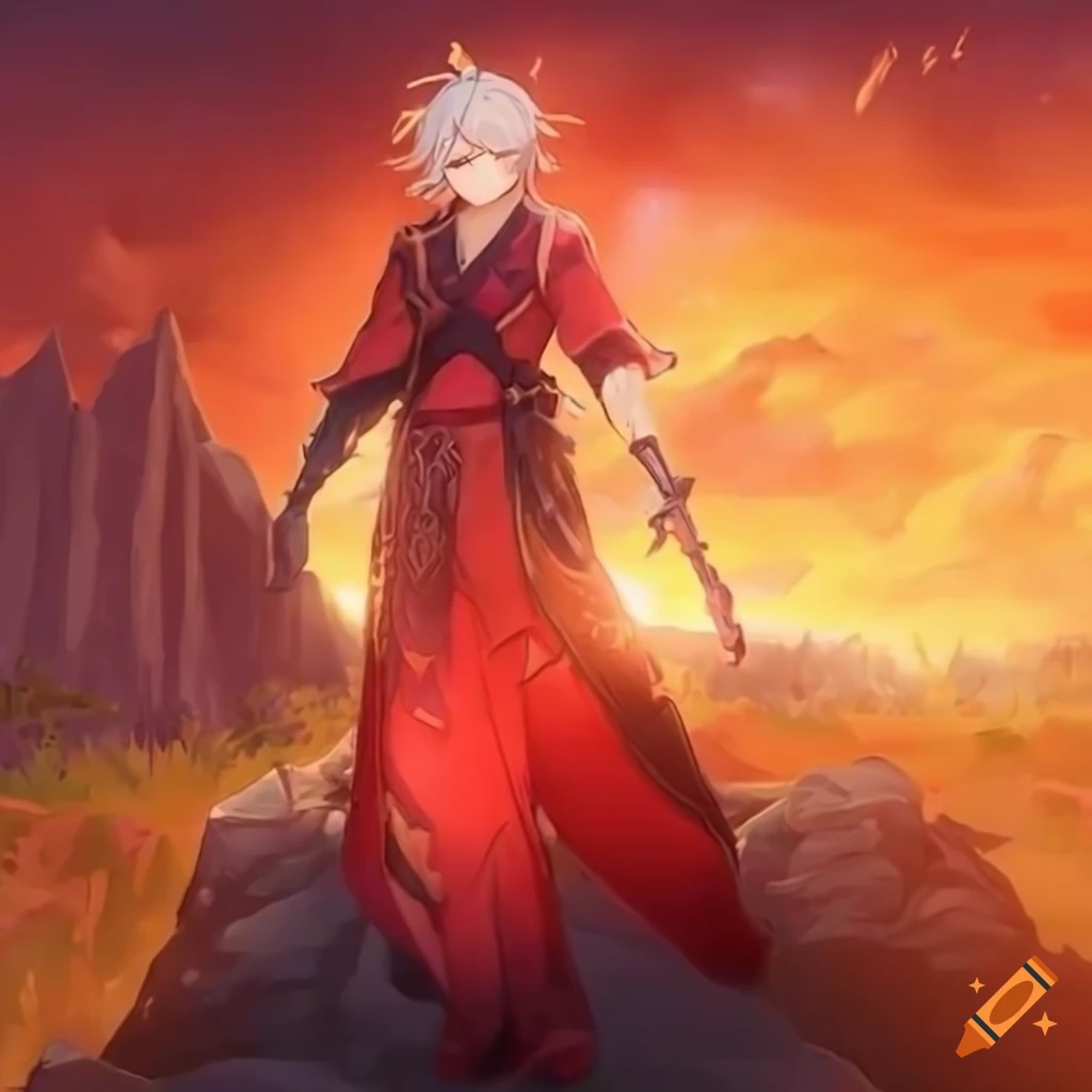 Male character in red robes traversing a lava river in a post-apocalyptic landscape on Craiyon