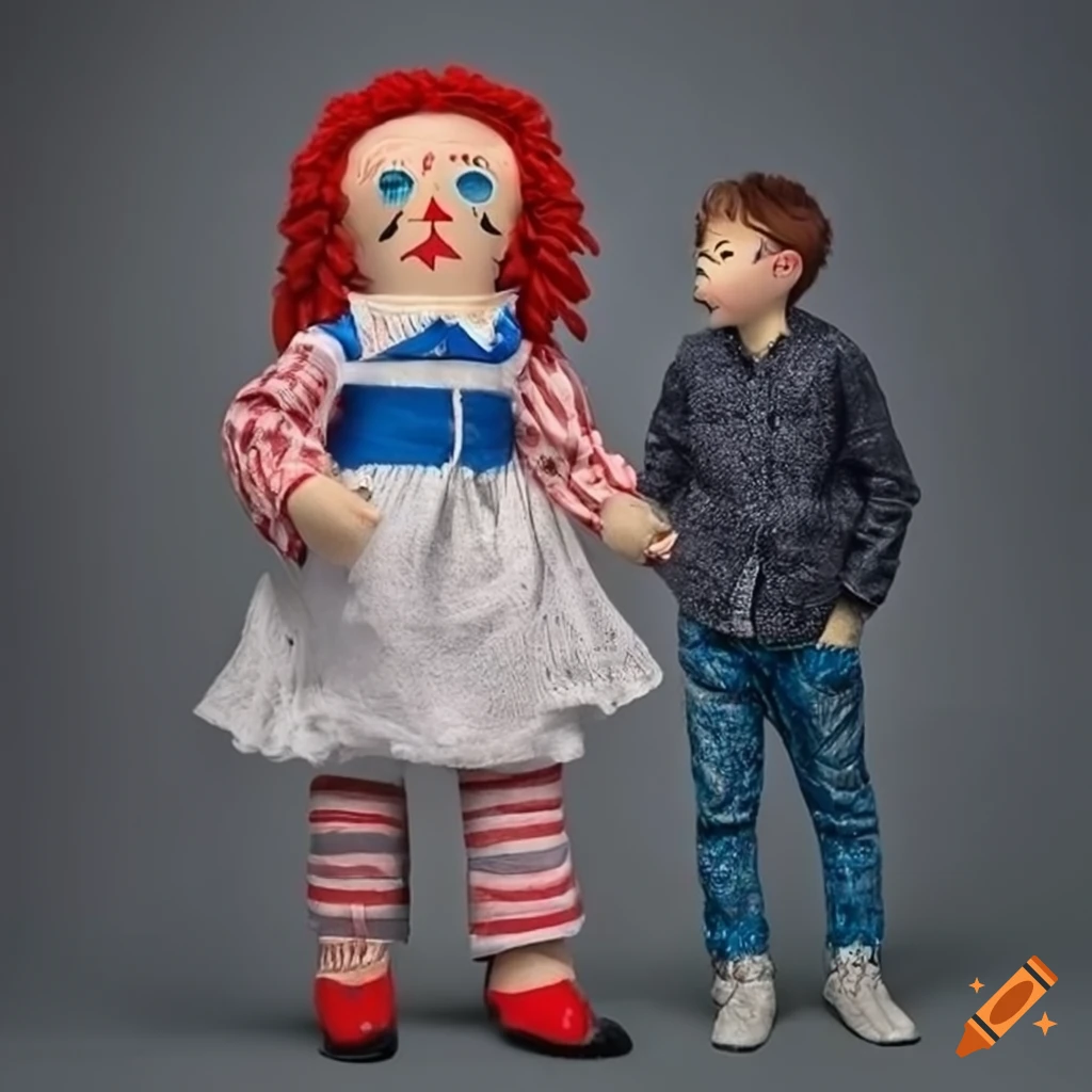Huge raggedy ann doll standing on a carpet asking a boy to be his big ...