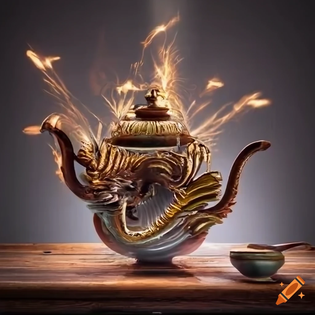 Chinese art deco tea pot with sparking electricity wires on a wood ...