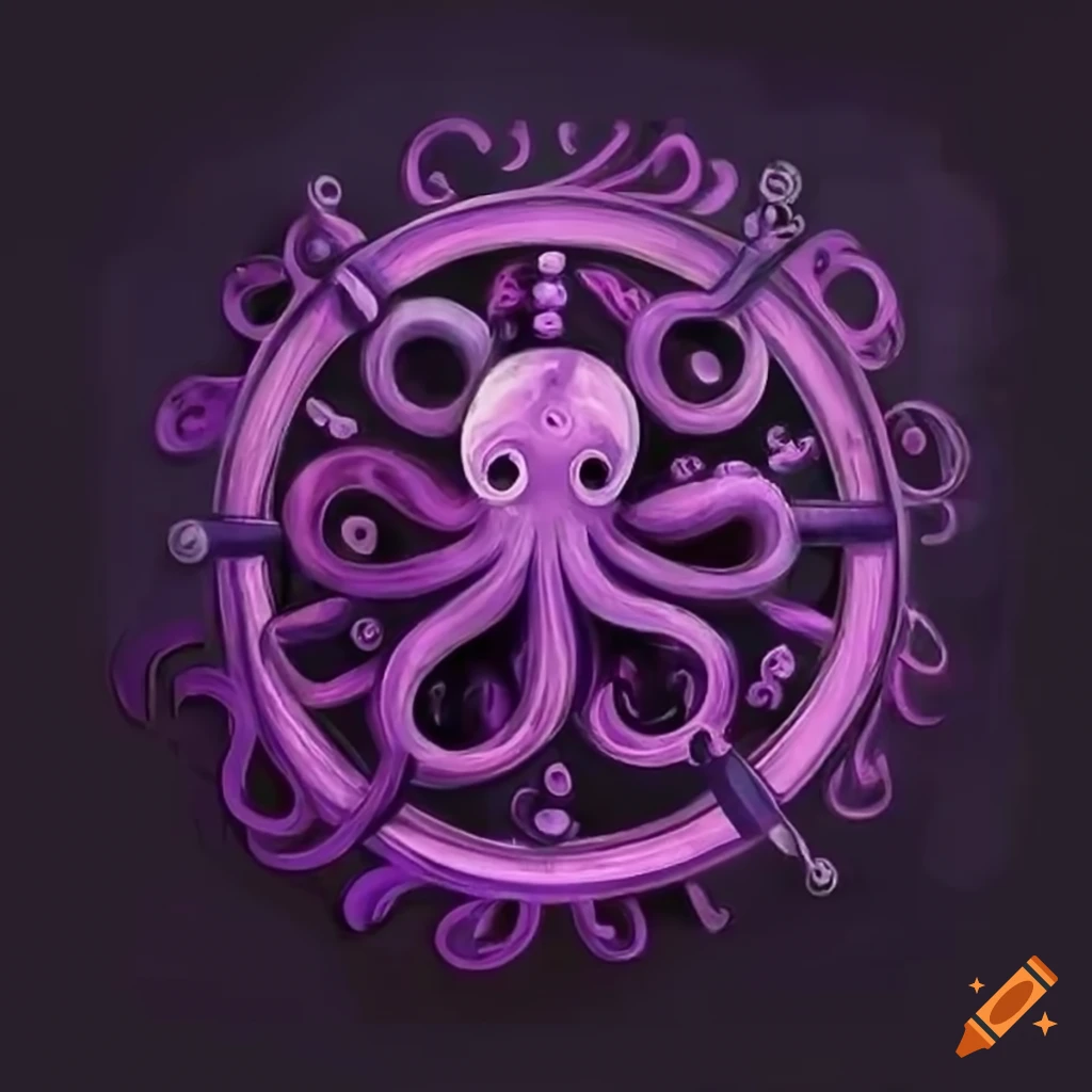 Logo of octopus, compass, and pirate ship wheel in purple design on Craiyon