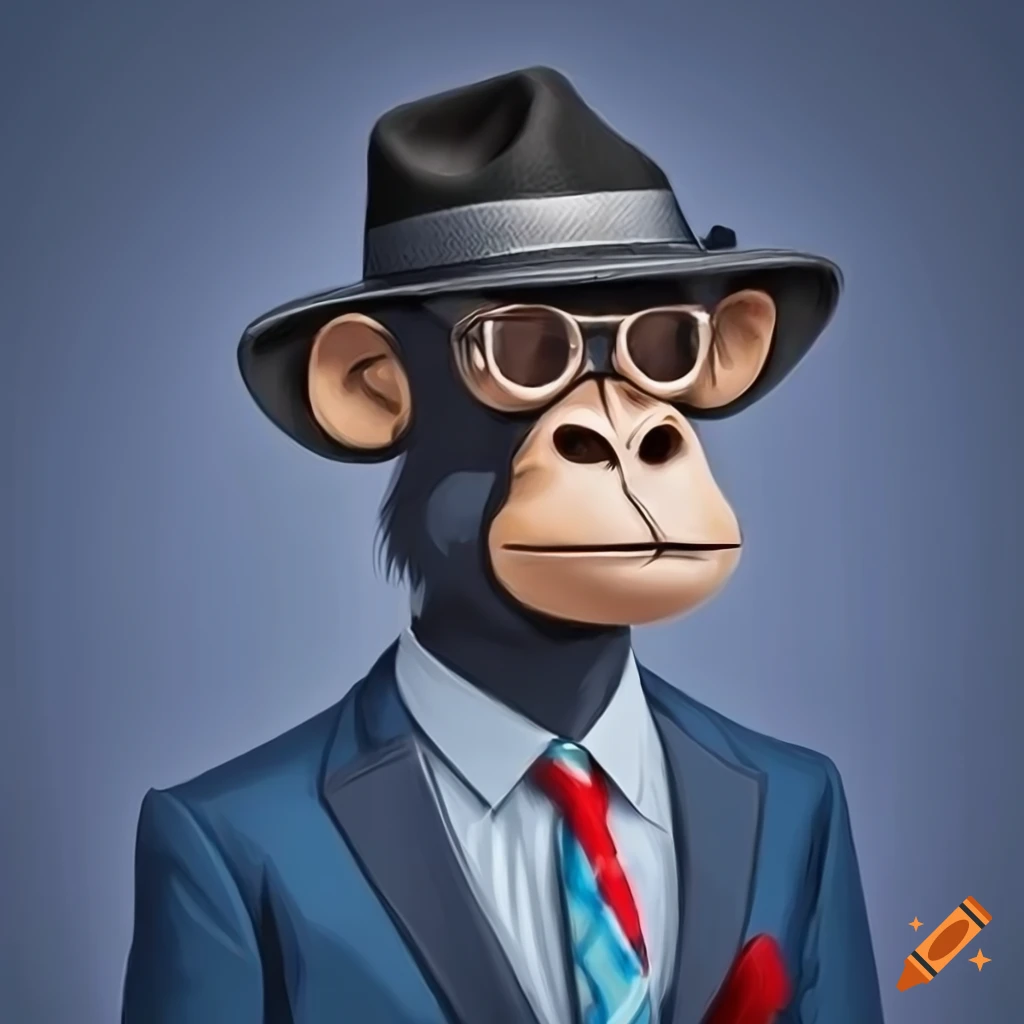 Stylish nft ape in a black fedora, blue suit, red tie, and fancy glasses on Craiyon