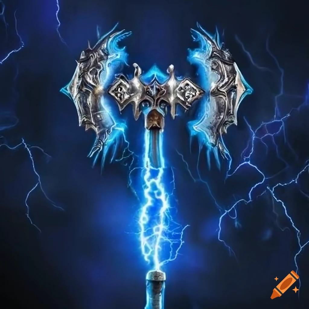 Divine war hammer in silver metal with blue lightning on an electric ...