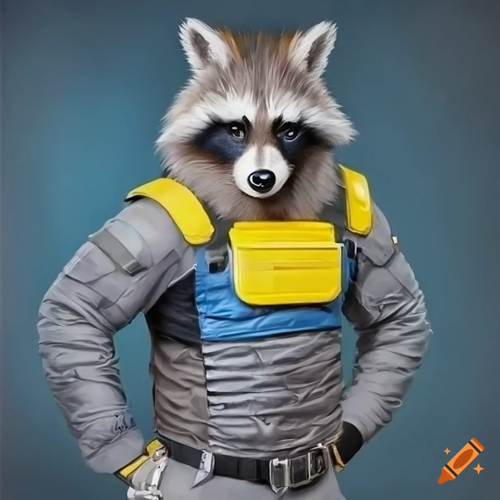 Realistic portrait of a strong male anthro furry raccoon in a blue ...