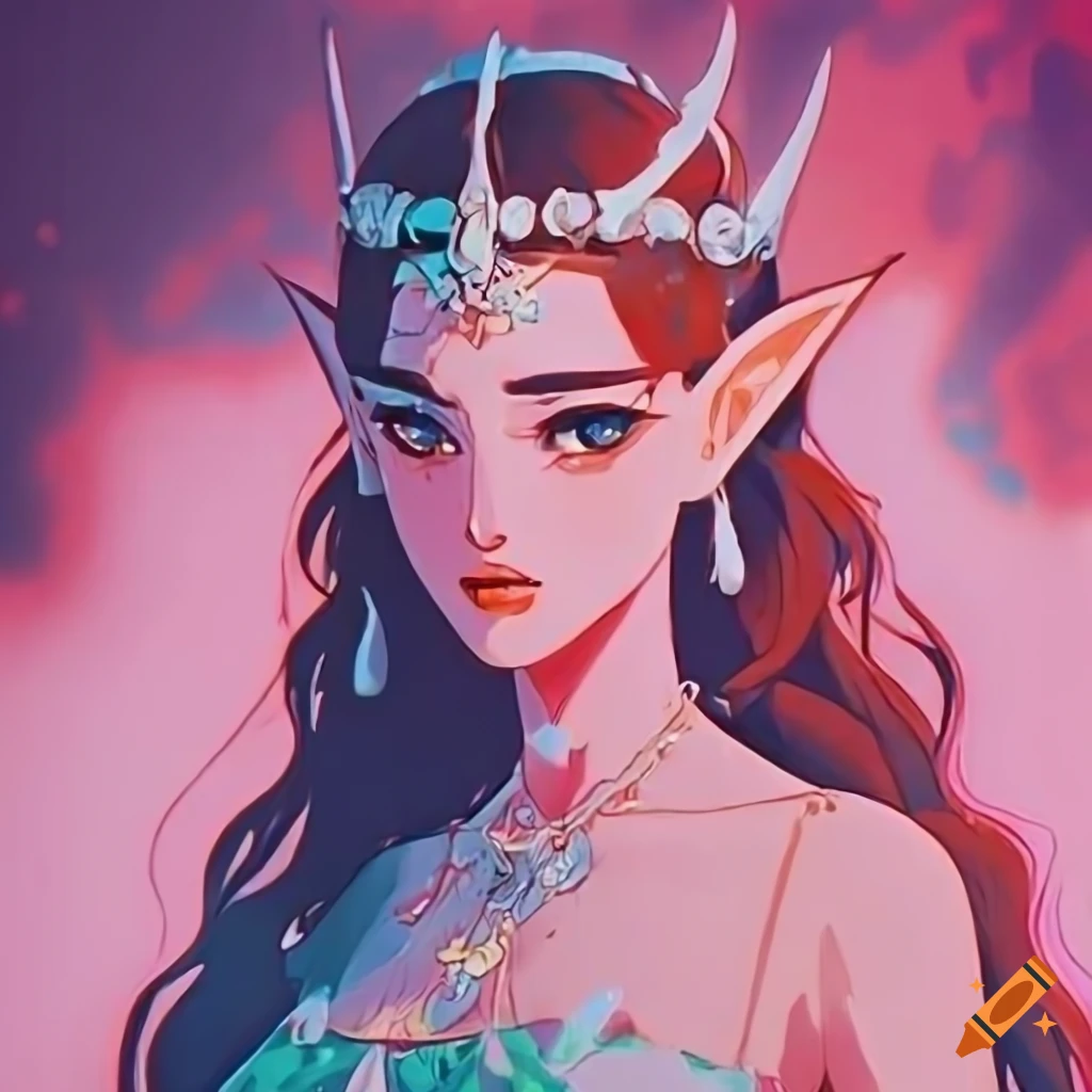 Retro anime elf empress in an aesthetic setting on Craiyon