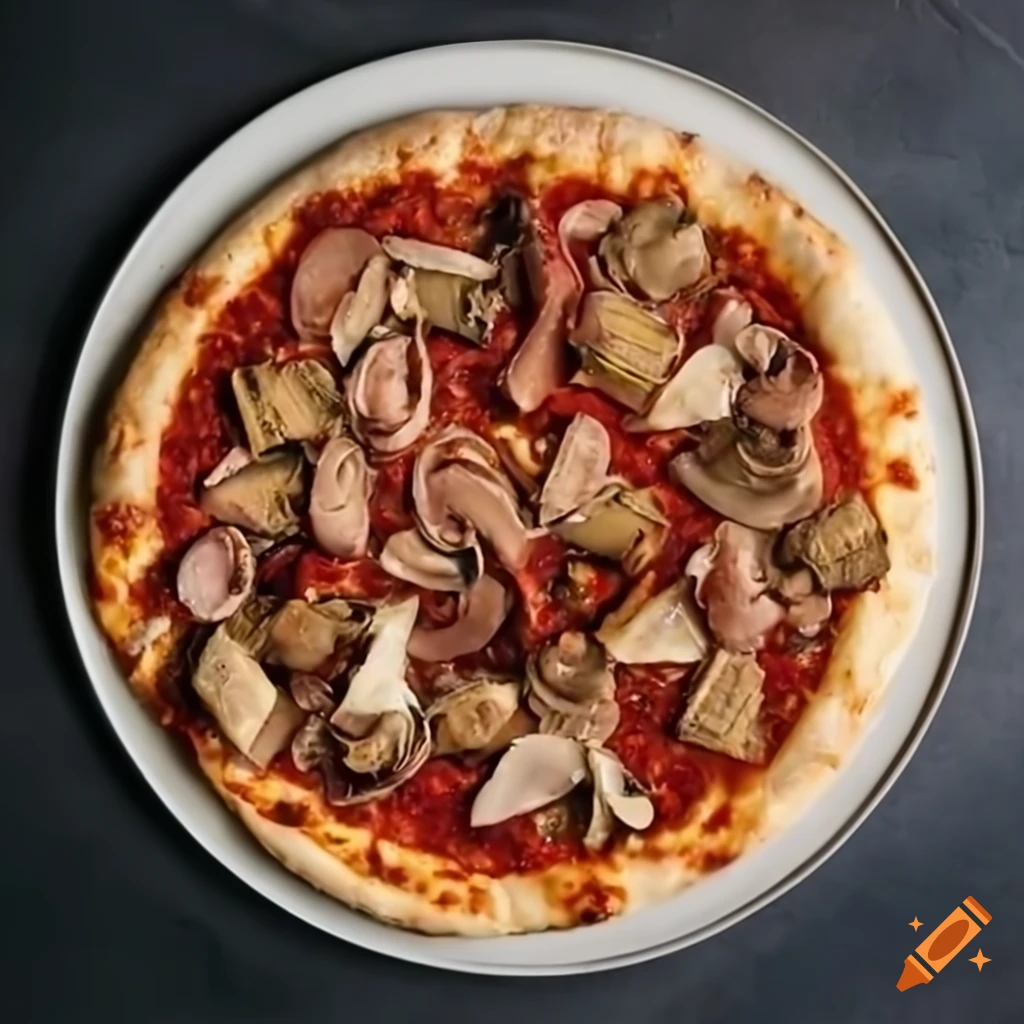 Top view of a loaded pizza on a plate with various toppings on Craiyon