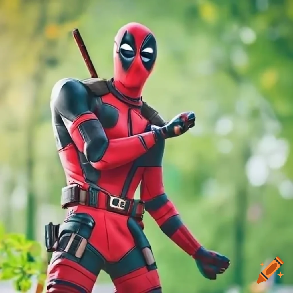 Deadpool flying a green kite in the park on Craiyon