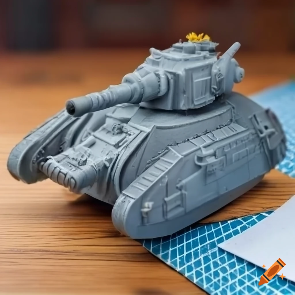 Leman Russ Warhammer tank model sculpted from gray plasticine on work ...