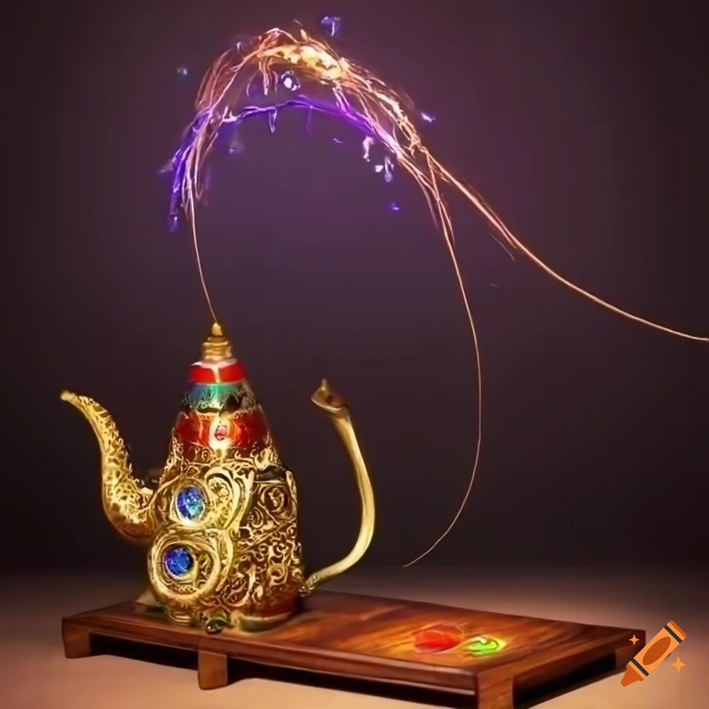 Chinese Art Deco tea pot with sparking electricity wires on a wood ...