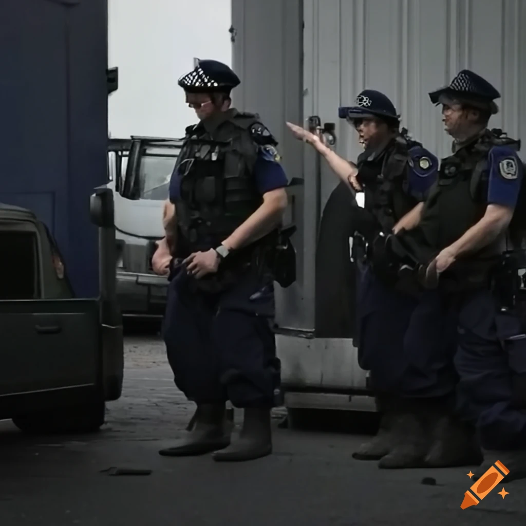 Police officers conducting a shipment box search at a port in daytime ...