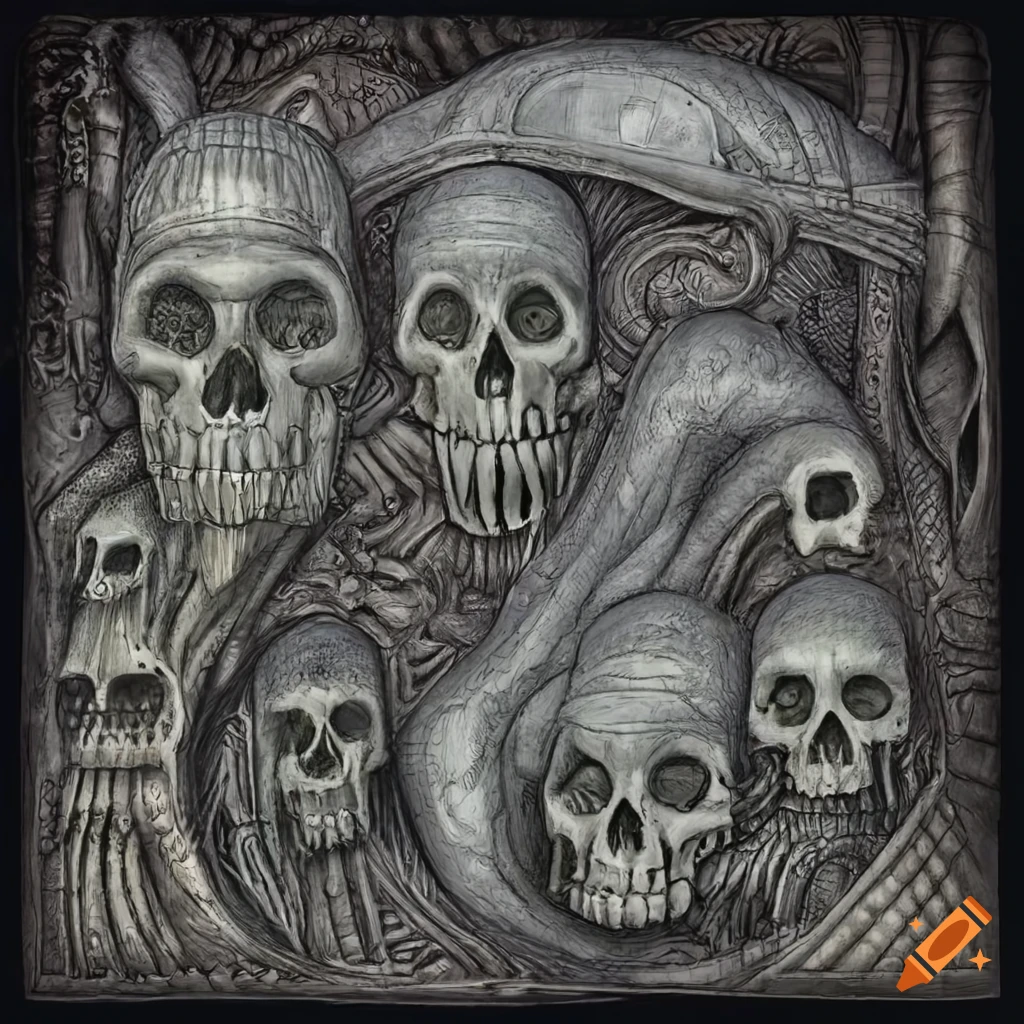 Biomechanical landscape with fossilized and mummified alien life forms ...