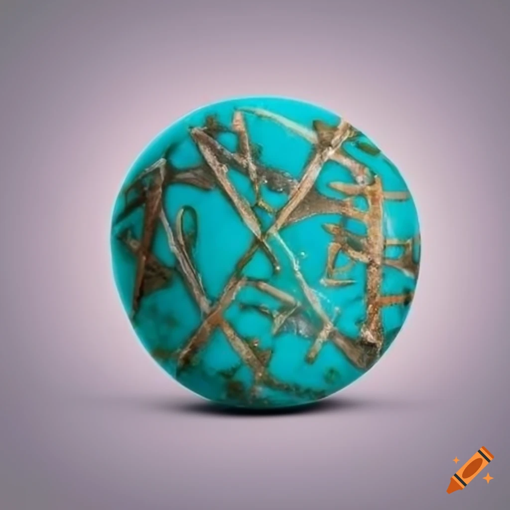 Round turquoise stone with runes on white background on Craiyon