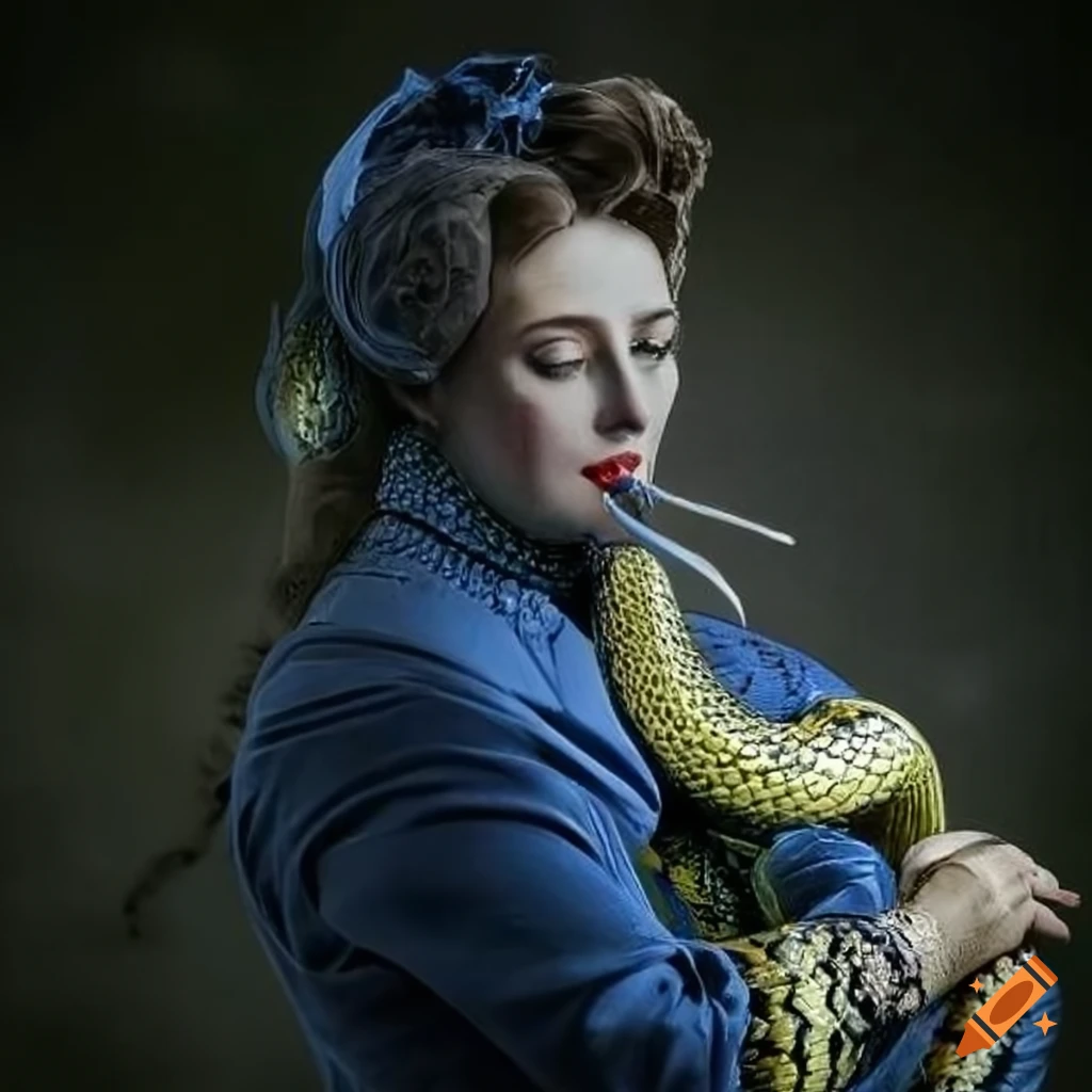 Victorian lady in blue dress with snake on Craiyon