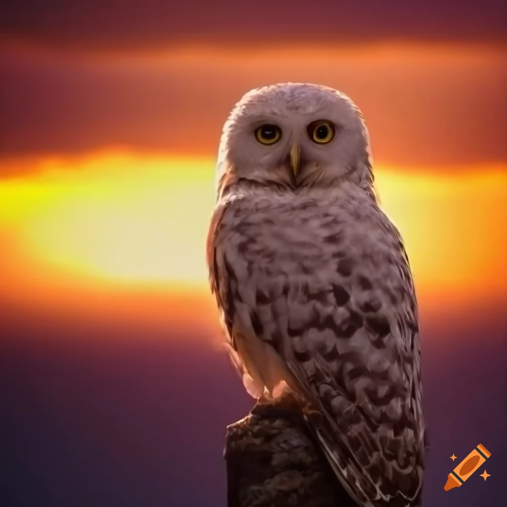 White owl silhouetted against a sunset sky on Craiyon