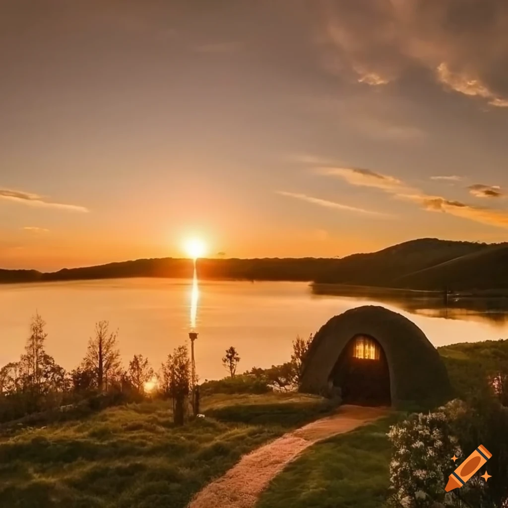 Cosy hobbit bedroom with beautiful sunrise and golden lighting on Craiyon