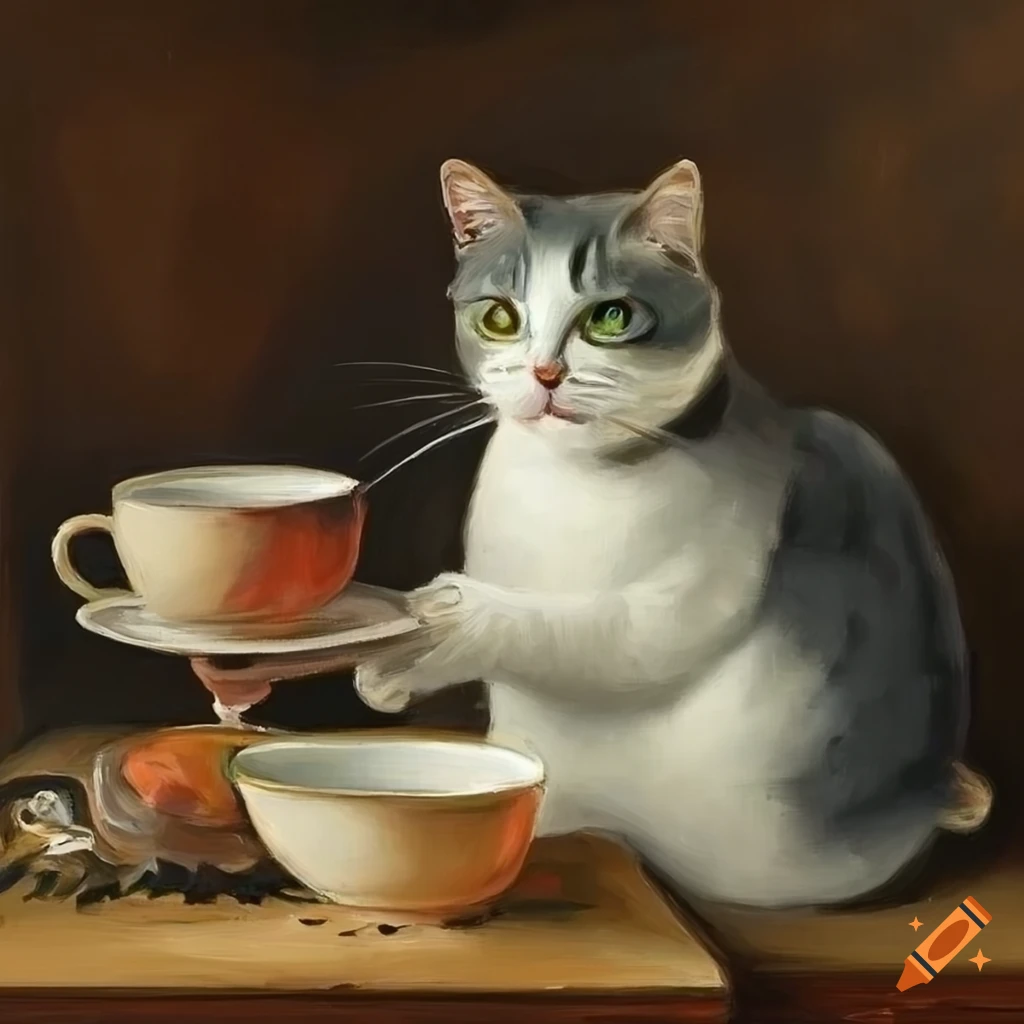 Grey and white cat serving tea in an oil painting on Craiyon