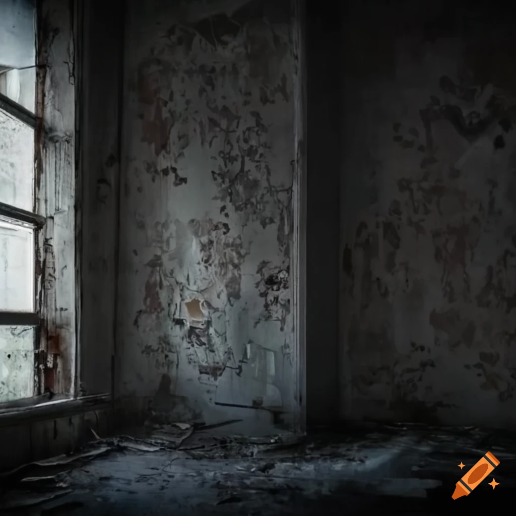 Eerie abandoned room with broken window and peeling wallpaper on Craiyon