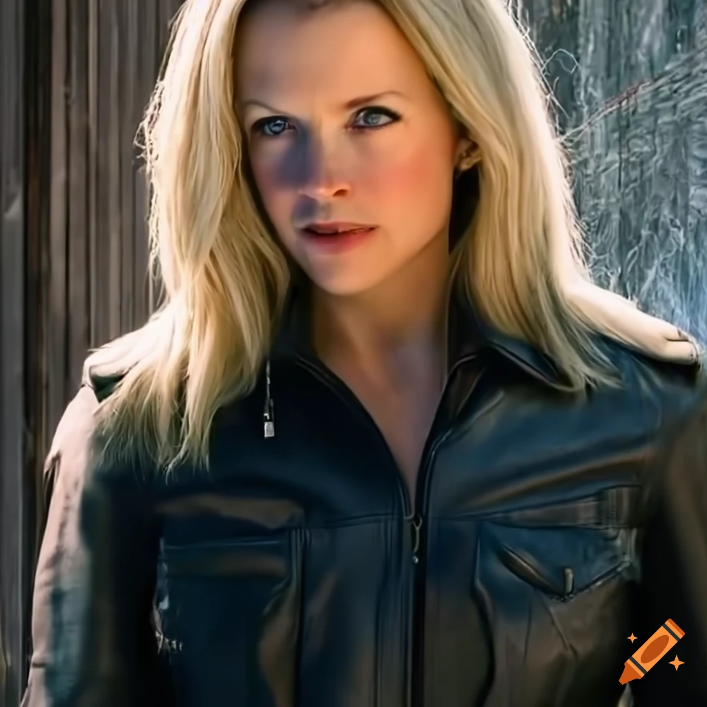 Blonde actress in country plaid shirt and black leather jacket on Craiyon