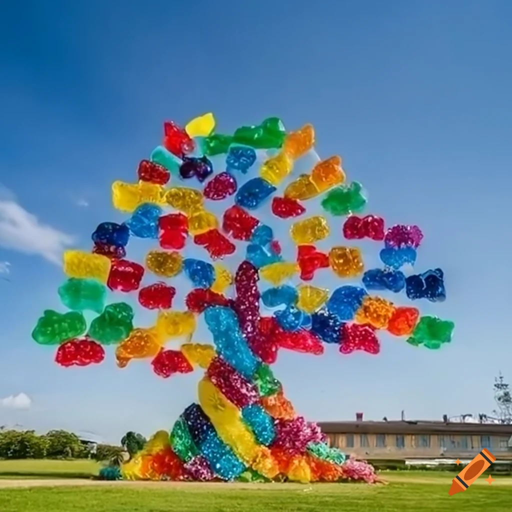 Whimsical tree sculpture made of colorful gummy candies on Craiyon
