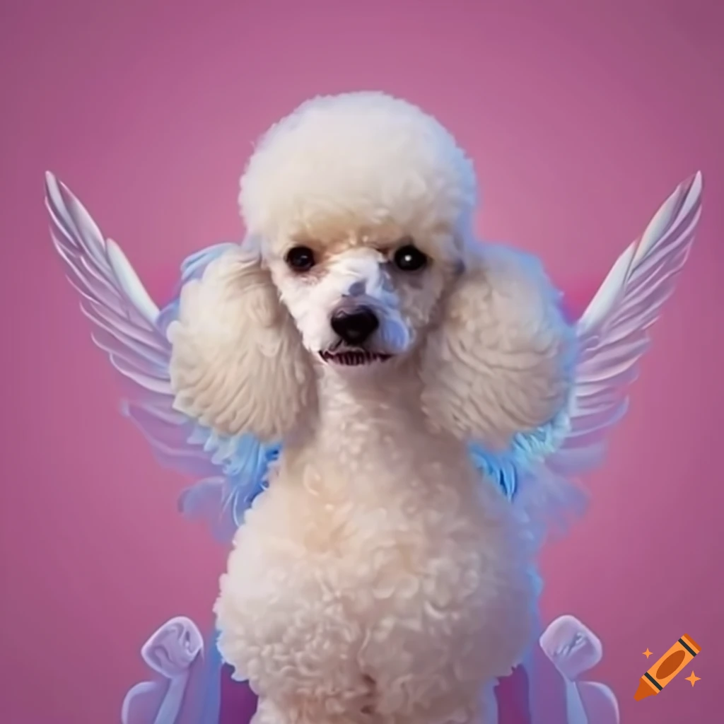 Adorable white poodle with angel wings in a dreamy pink sky on Craiyon