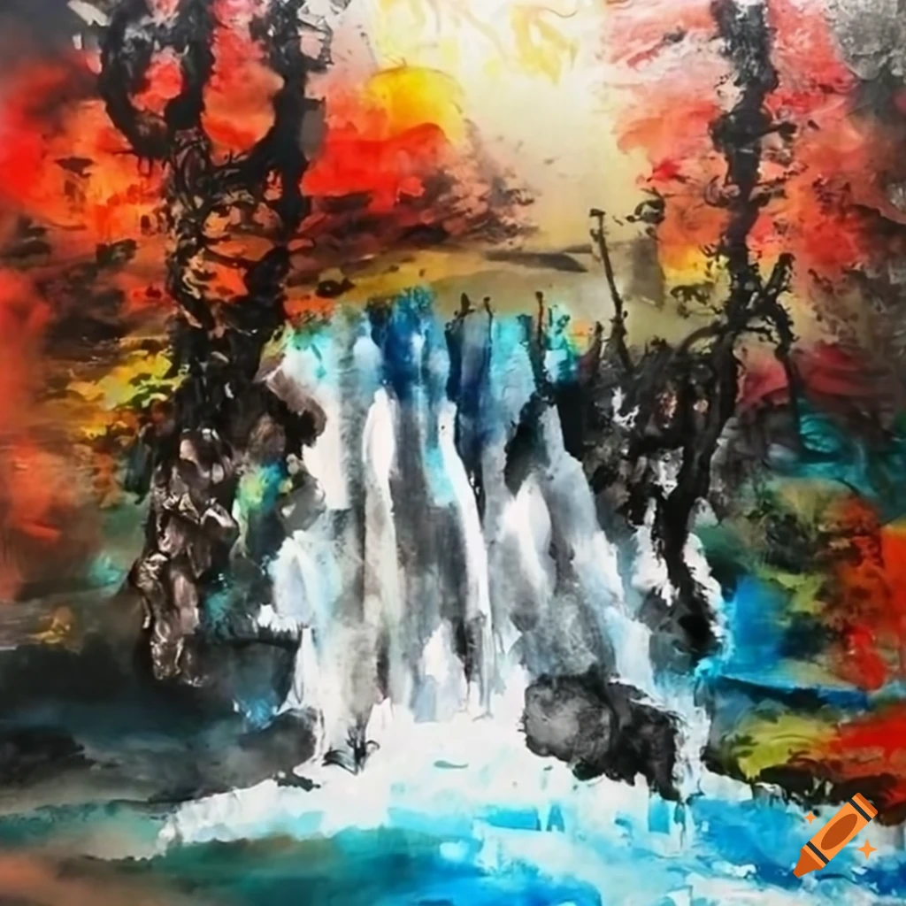Chinese ink painting of multicolored waterfalls and natural energies on ...