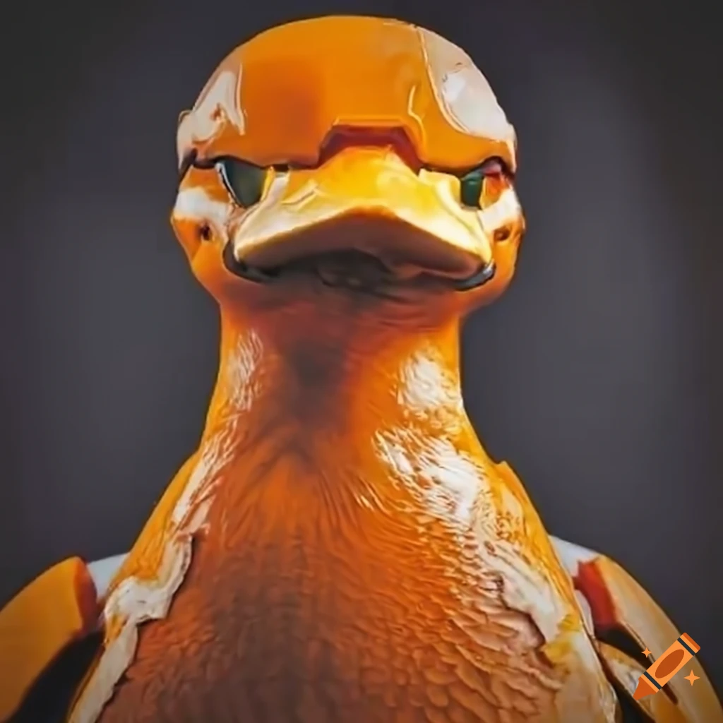 Iconic duck in orange Halo style armor in battle formation on Craiyon