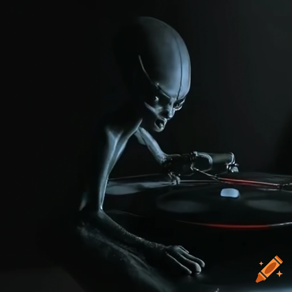 Curious alien exploring human technology near a record player on Craiyon