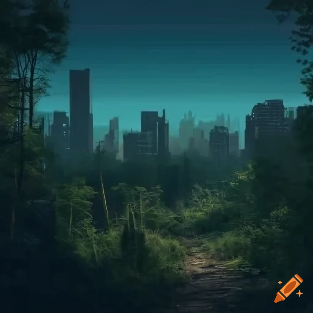 Forest overlooking abandoned overgrown cityscape during evening hours on Craiyon