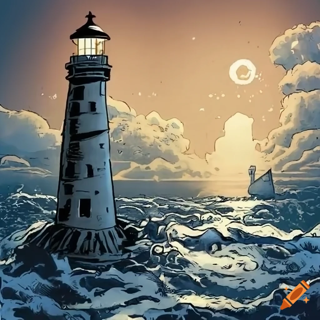 Lighthouse in the middle of the sea calming the waters in a comics ...