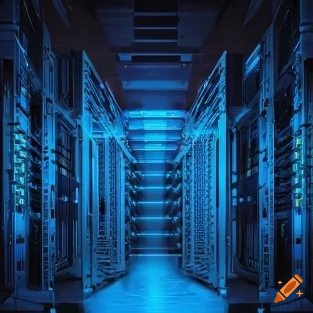 Network of computers connected to server rack with blue lights on Craiyon