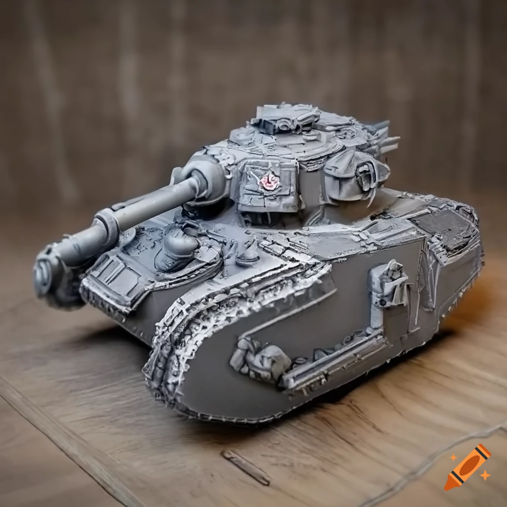 Detailed and realistic model of a warhammer leman russ tank on a table ...