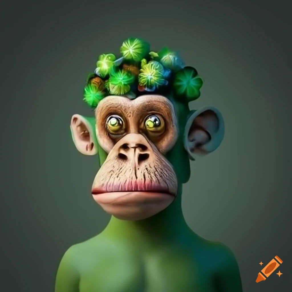 Unique NFT artwork of a clover leaf faced ape on Craiyon