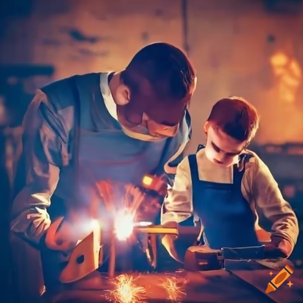 Clever boy learning welding from father in workshop on Craiyon